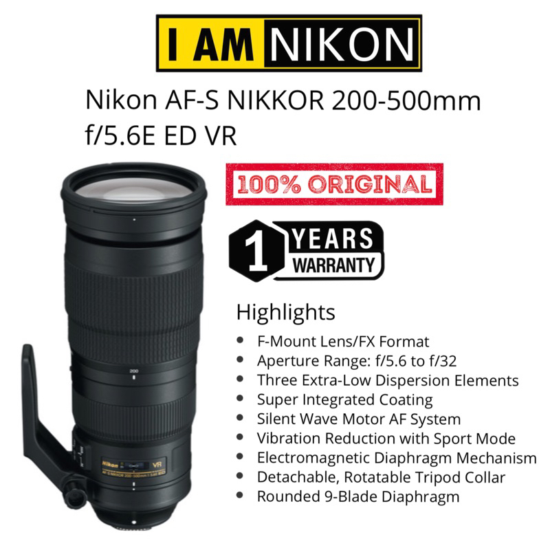 Nikon AF-S NIKKOR 200-500mm F/5.6 ED VR F-Mount Lens/FX Format Super ...