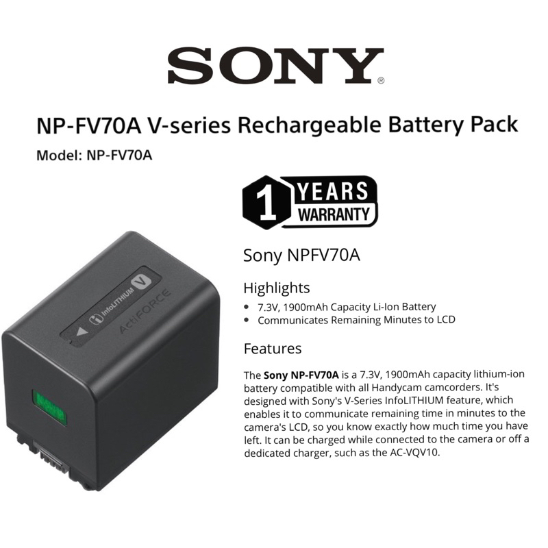 Sony NP-FV70A V-Series Rechargeable Lithium ion Battery pack 1900 Mah ...