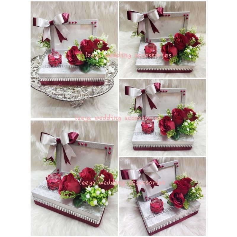 gubahan frame mas kahwin c/w 2pc bekas cincin(maroon silver) | Shopee ...