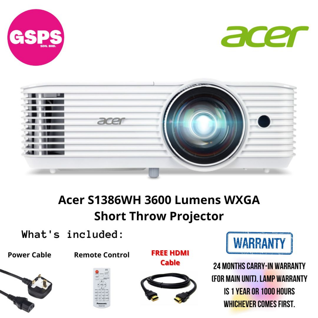 Acer S1386WH 3600 Lumens WXGA Short Throw Projector | Shopee Malaysia