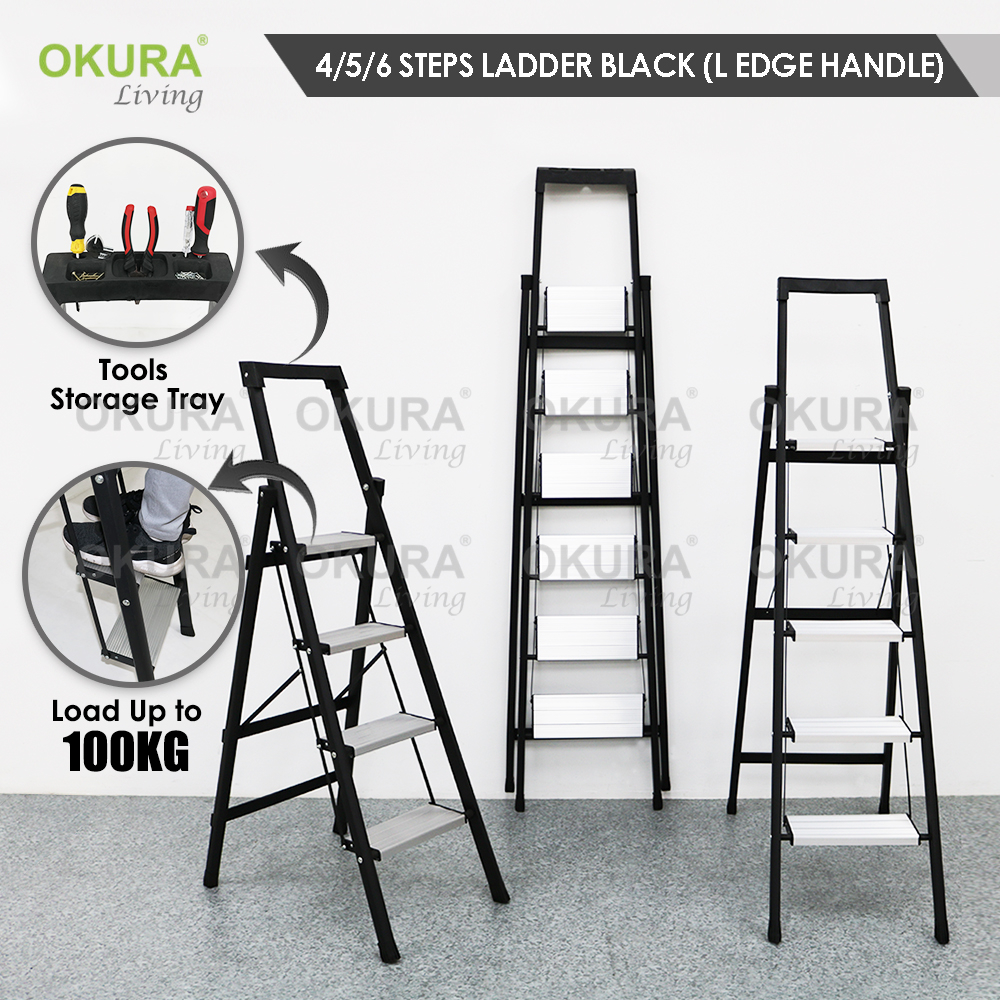 OKURA 4 / 5 / 6 Foldable Aluminum Steps Ladder Portable Triangle Household Indoor Platform Stair ...