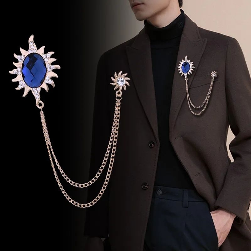 New Vintage Tassel Chain Brooch Pin Metal Crystal Brooches Suit Shirt ...