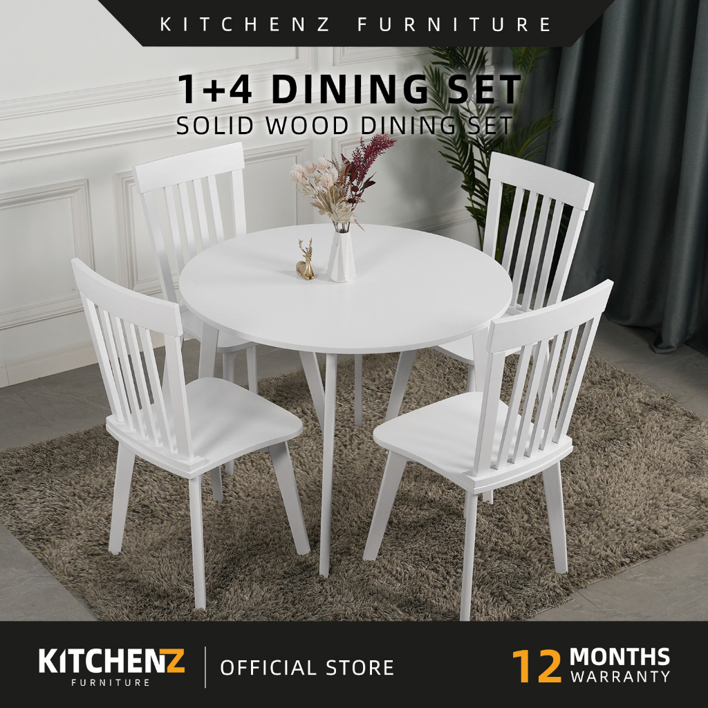 Kitchenz Sabah Mateor 4Seater Solid Wood Dining Set Round Table + 4 ...
