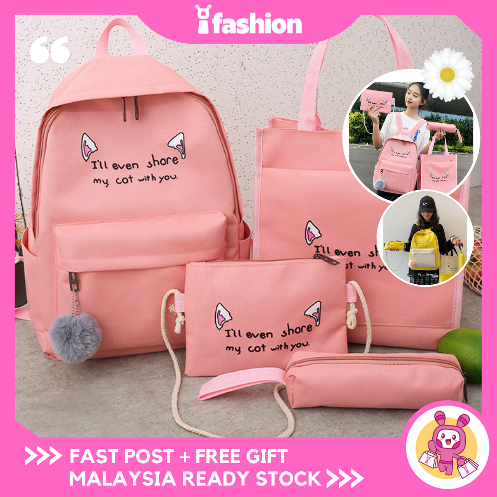 iFASHION 1217 READY STOCK Women 4 IN 1 Canvas School Student Backpack ...