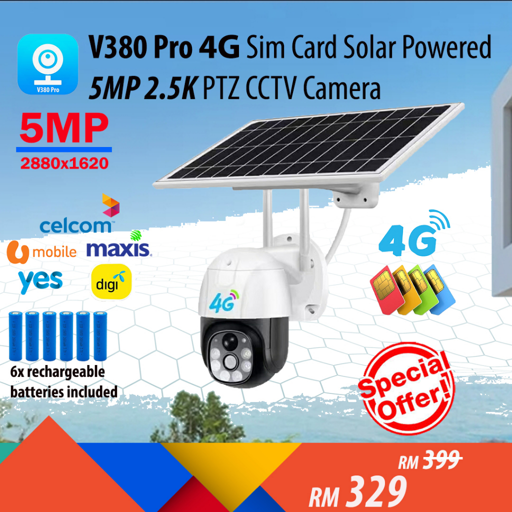 V380 PRO 5MP 2.5K 2880x1620p 4G Sim Card / Wifi Solar Powered Dual ...