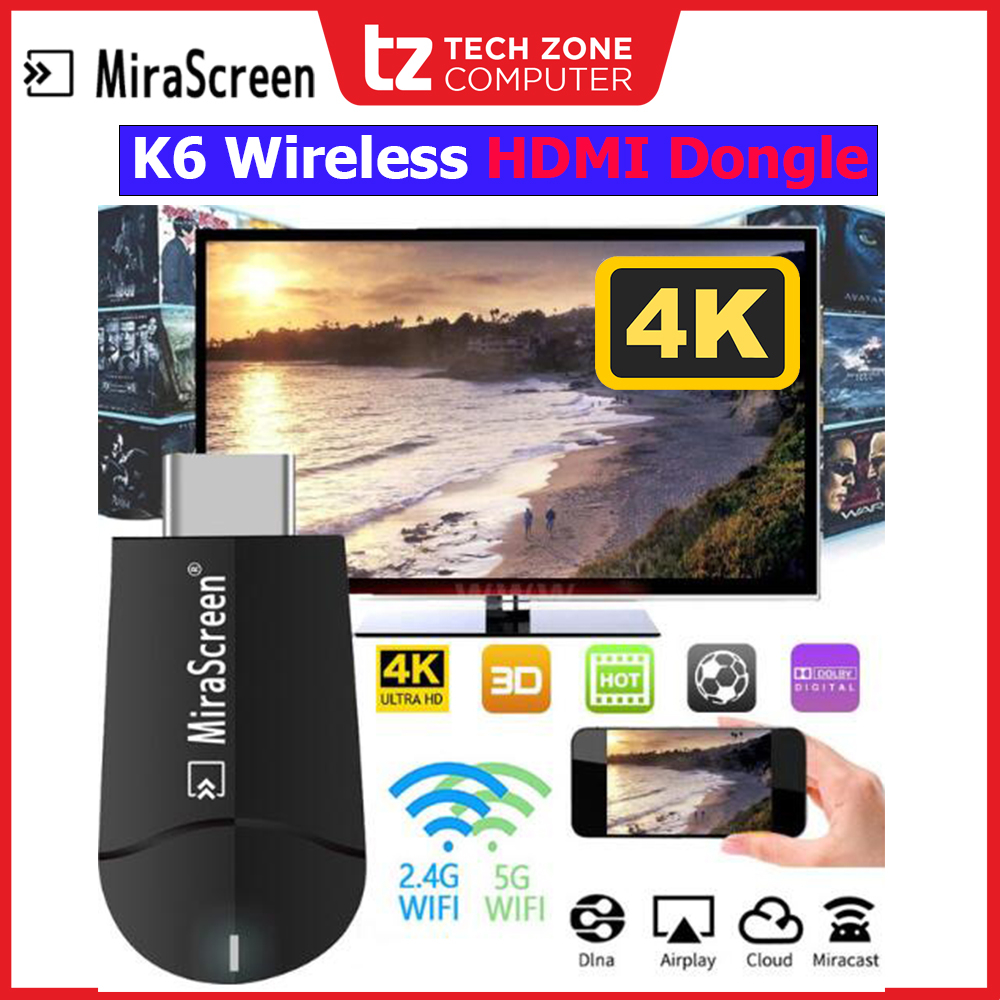 MiraScreen K6 4K Dual Band (2.4Ghz + 5Ghz) HDMI Wireless Display Dongle ...
