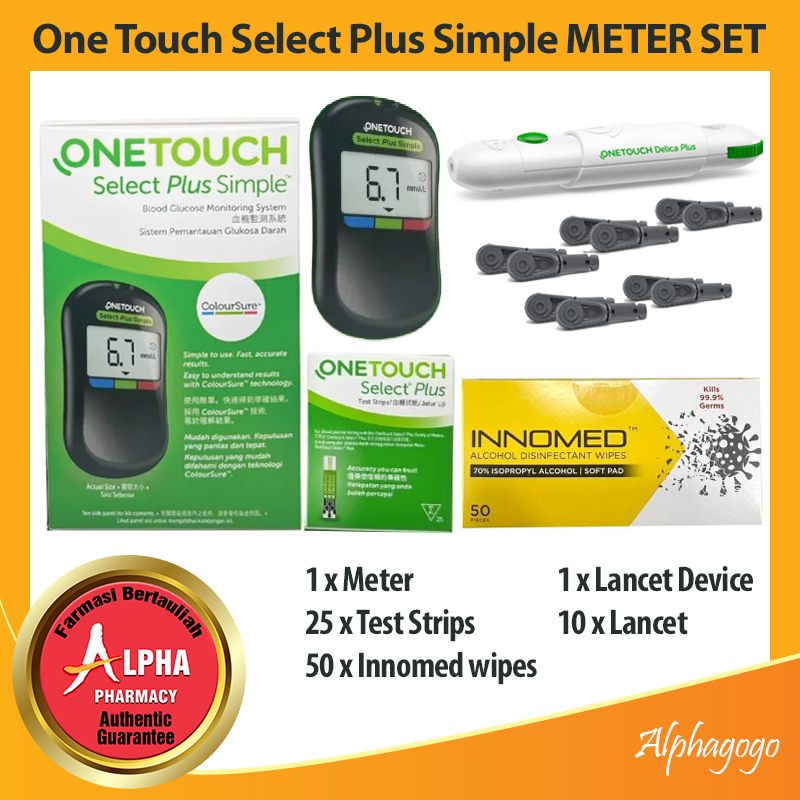 One Touch Select Plus Simple Blood Glucose Meter Full Set / 25 Strips / 100 Sterile Lancets ...