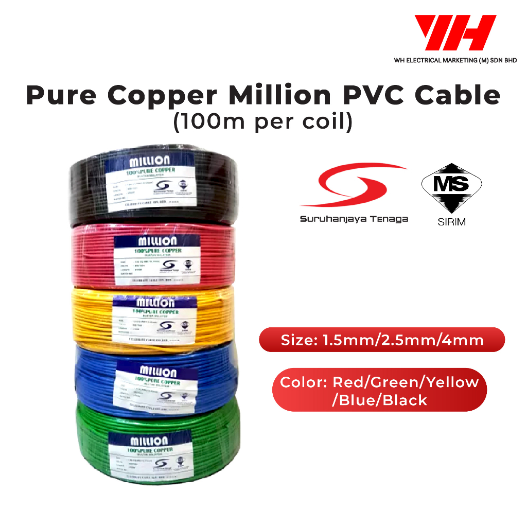 (READY STOCK)100% FULL PURE COPPER MILLION PVC CABLE (1.5MM/2.5MM/4MM RED/GREEN/BLUE/YELLOW ...