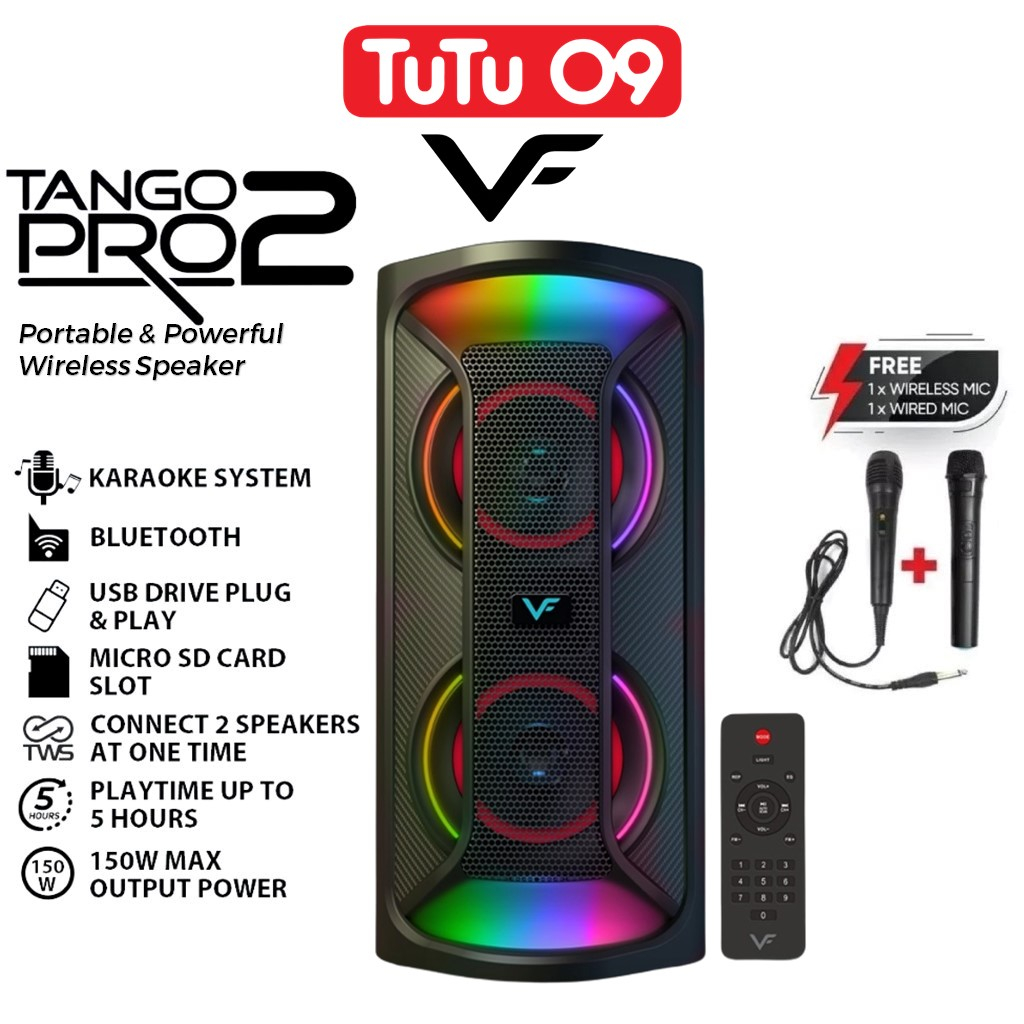 Vinnfier VF Tango Pro 2 Karaoke Potable Bluetooth Speaker 150W Max with 1 Wireless Microphone ...