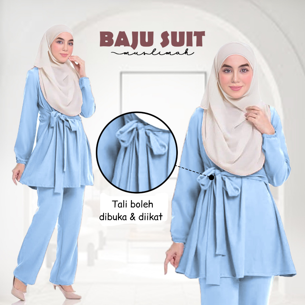 NEW - BAJU SUIT MUSLIMAH BERTALI MURAH CASUAL RIBBON BLOUSE + PANTS SET ...