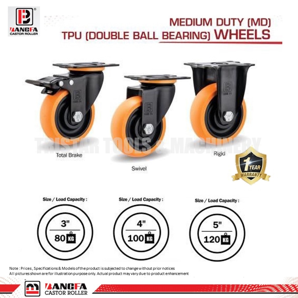 BANGFA CASTOR ROLLER 3" 4" 5" MEDIUM DUTY TPU DOUBLE BALL BEARING ...
