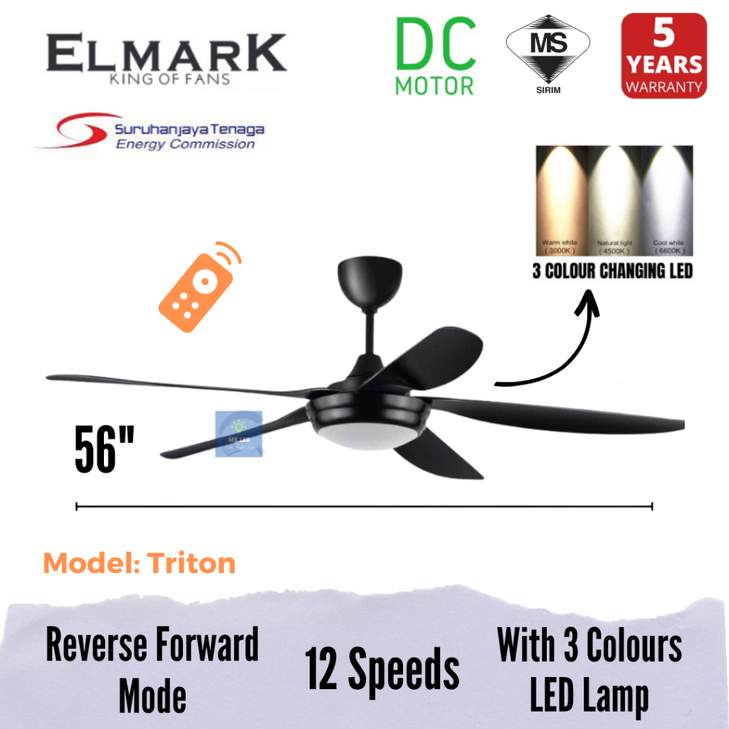 ELMARK TRITON 56” DC REMOTE CEILING FAN WITH 3 COLOUR CHANGING LED ...