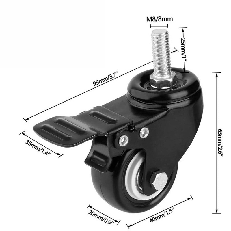 Black PU Heavy Duty Castor Wheel Swivel Rigid Brake Caster Roller m8 ...