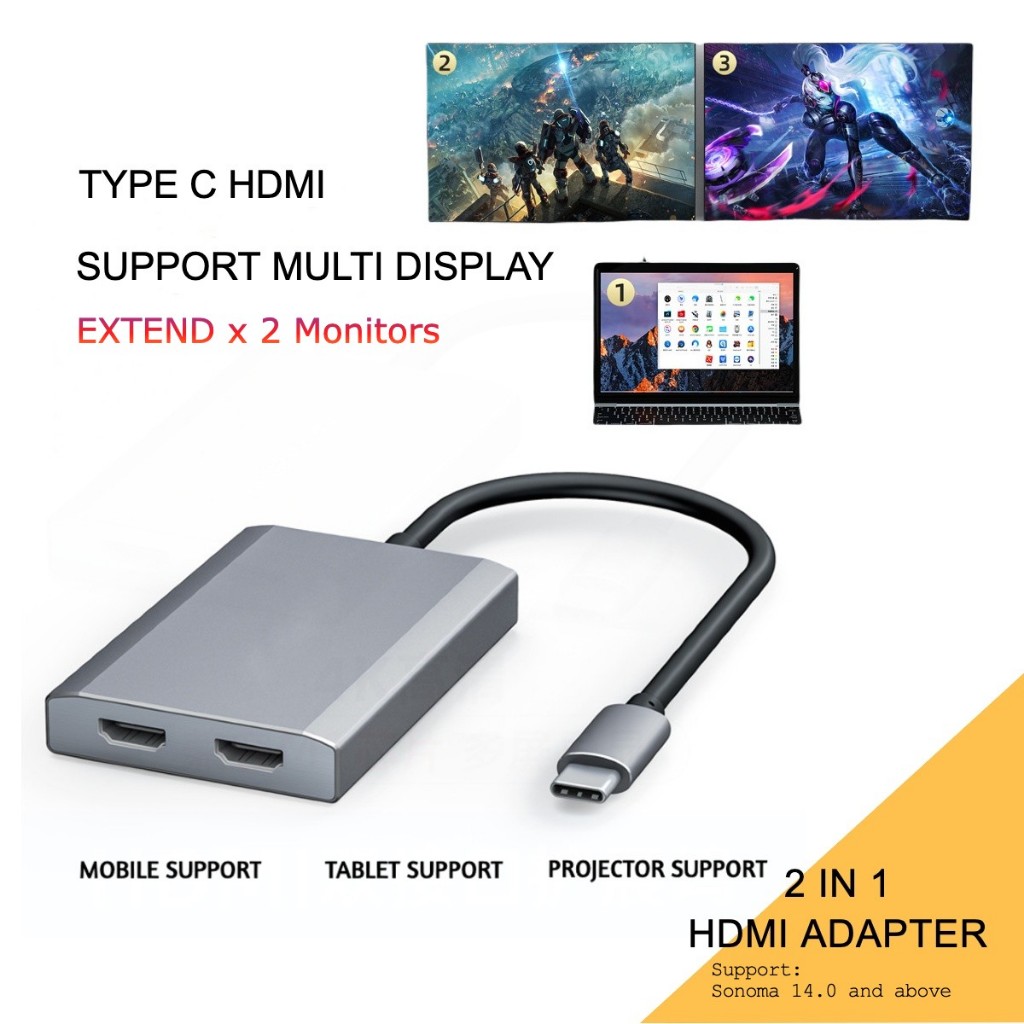 4K Multi Display HDMI Splitter Hub 2 IN 1 Extend / Mirroring Monitor ...