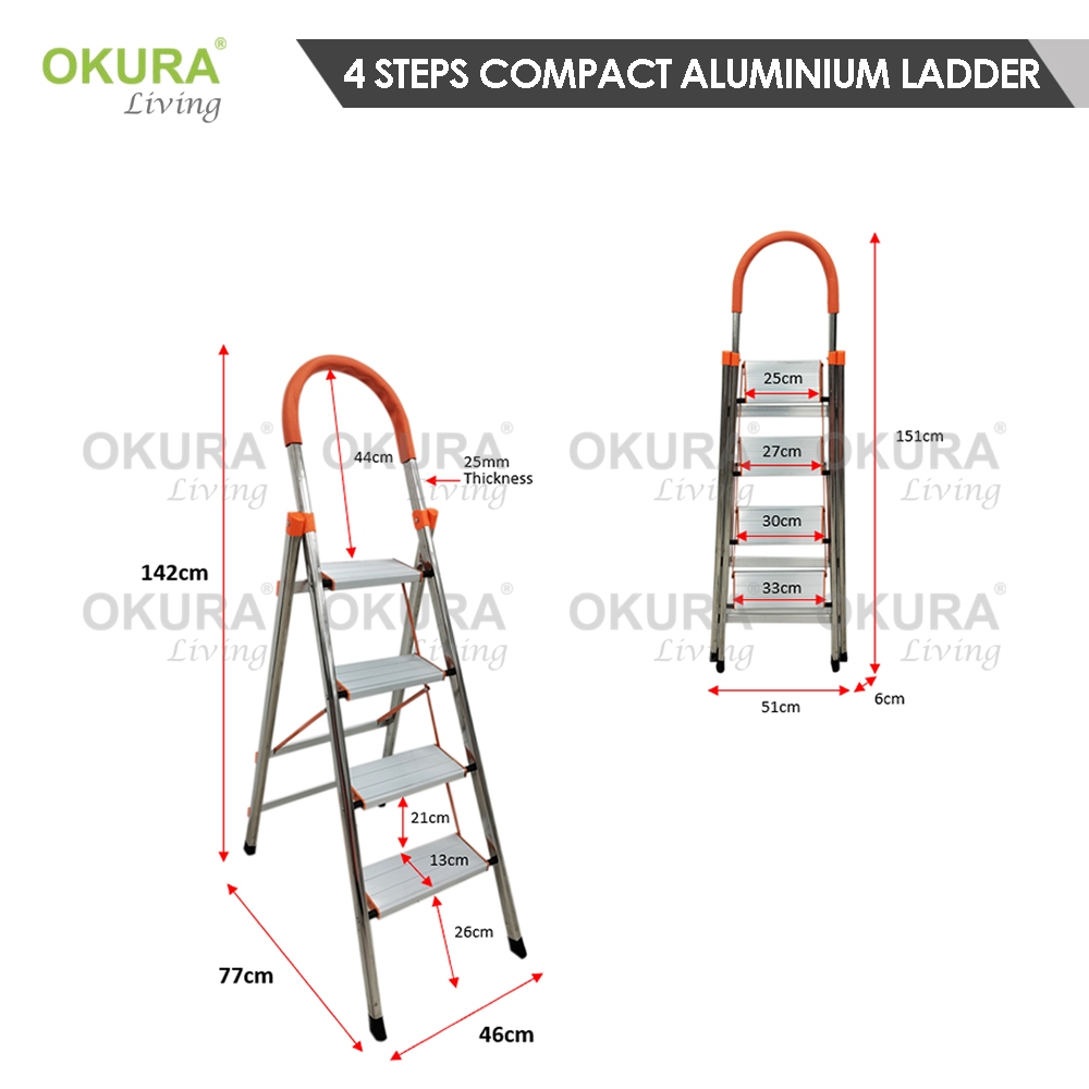 OKURA Folding Steel Pipe 3 / 4 / 5 / 6 Wide Step Ladder Foldable Household Indoor Platform Stair ...