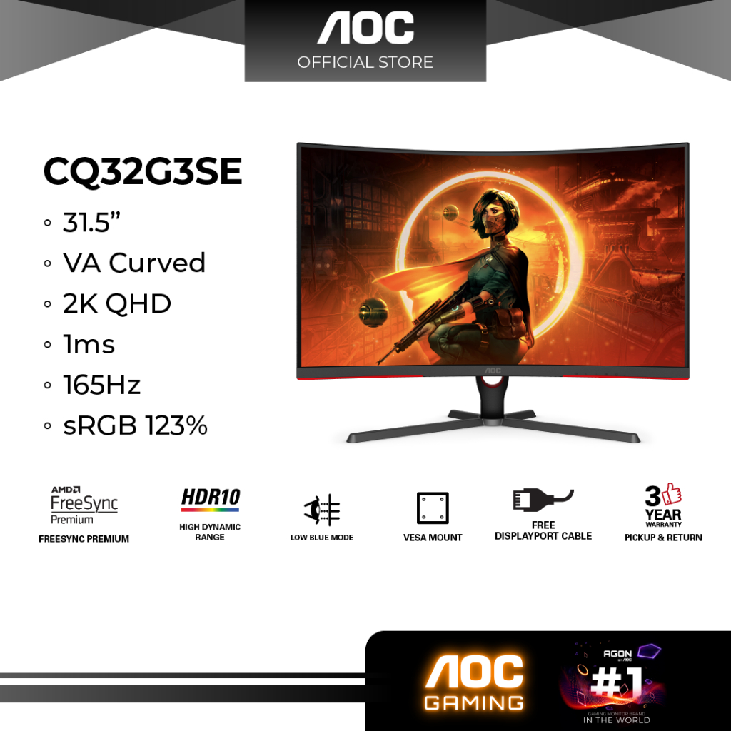 AOC CQ32G3SE Curve Gaming Monitor (31.5" QHD/165HZ 1MS/Free Sync ...