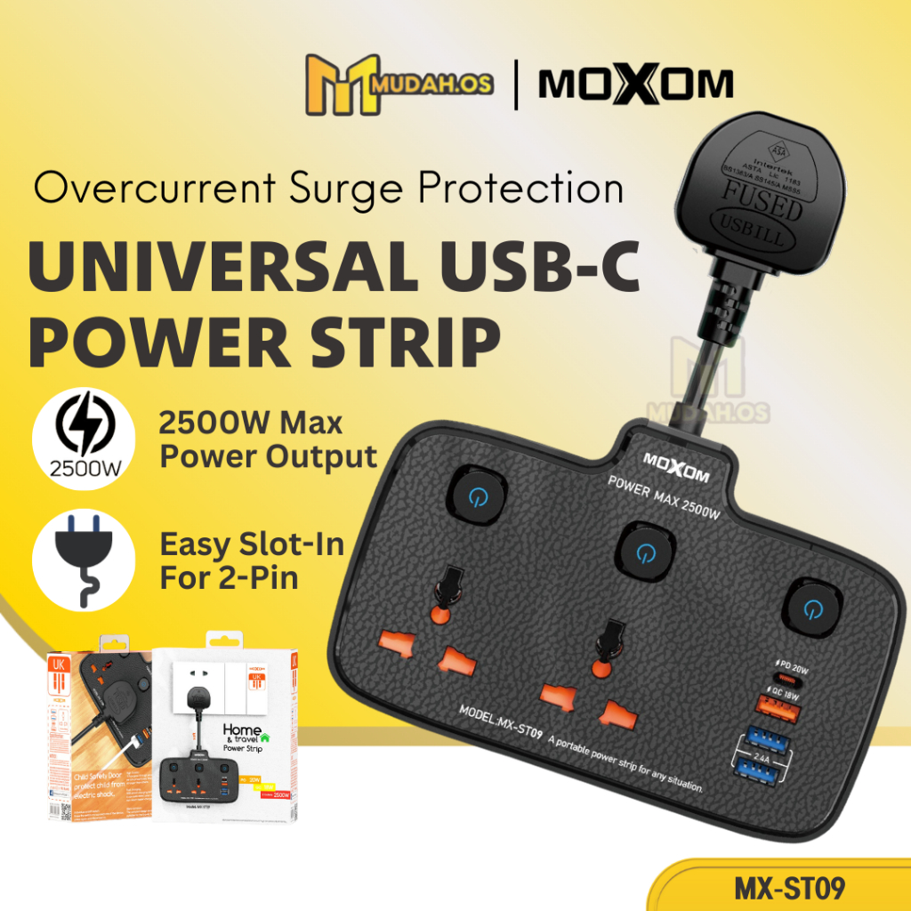 MOXOM Portable Extension 3 Plug Power Strip 2500W For Home Travel With ...