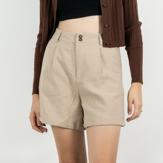 SHOPLOOOH Double Button Linen Shorts (Khaki/Brown) | Shopee Malaysia