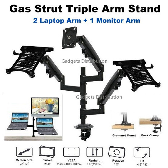 P43-3G2T 3 Triple Three Gas Strut TV Arm 1 Monitor Mount and 2 Laptop ...