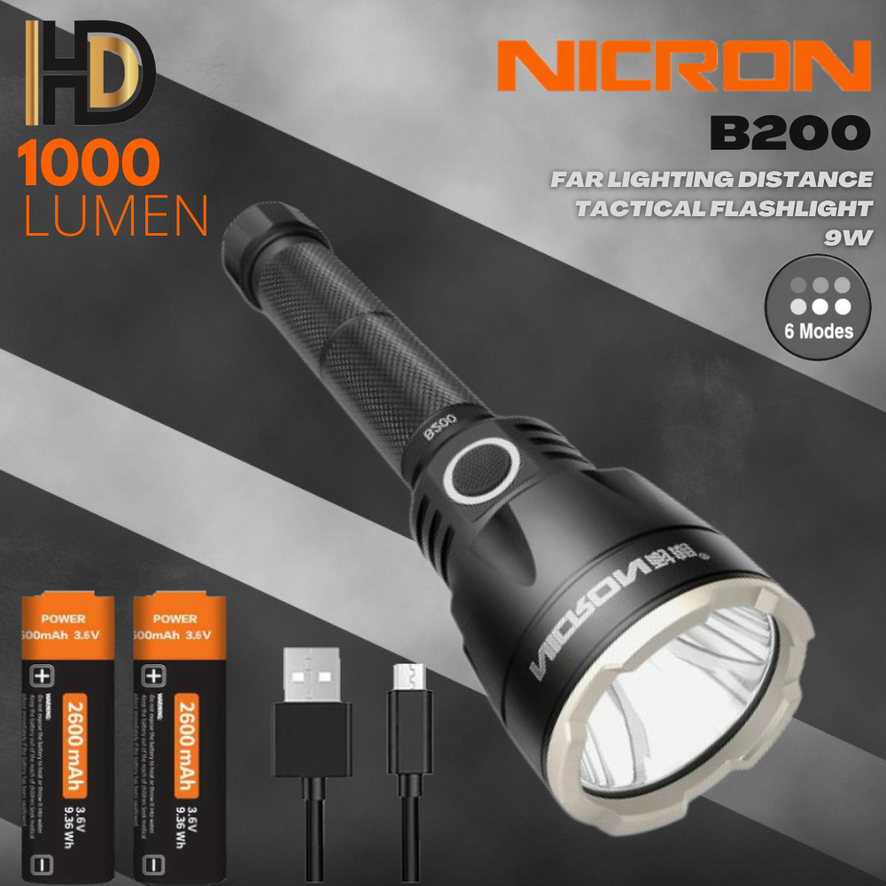 NICRON B200 Rechargeable Tactical Flashlight / 1000 Lumen / 1 Year ...