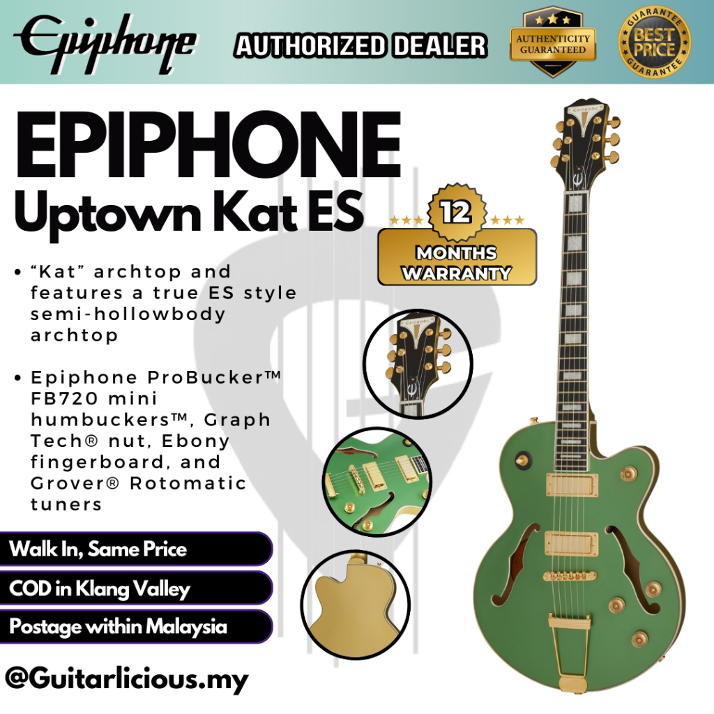 Epiphone Uptown Kat ES with Double Humbucker (HH) Semi-Hollow Electric Guitar - Emerald Green ...