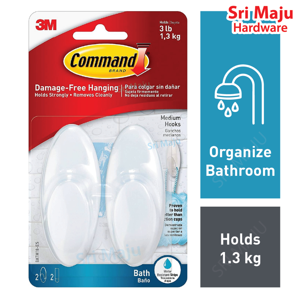 MAJU 3M Command BATH 18 1.3kg Water Resistant Medium Towel Hook ...