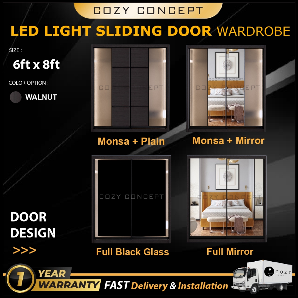 [FREE INSTALL] Almari Baju Full Glass Cermin with LED Light /Mirror ...