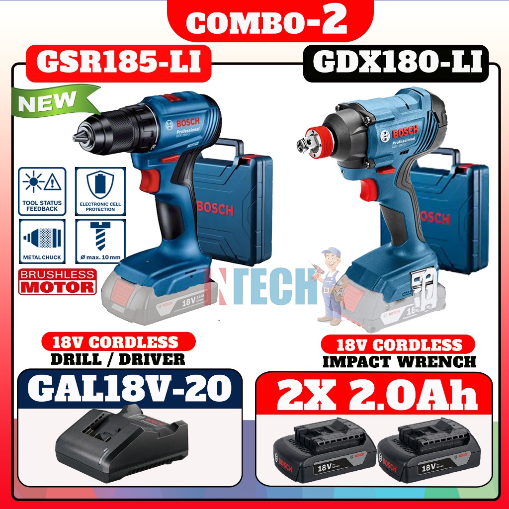 BOSCH COMBO GDX180-LI + GSR185-LI 18V CORDLESS IMPACT WRENCH + CORDLESS ...