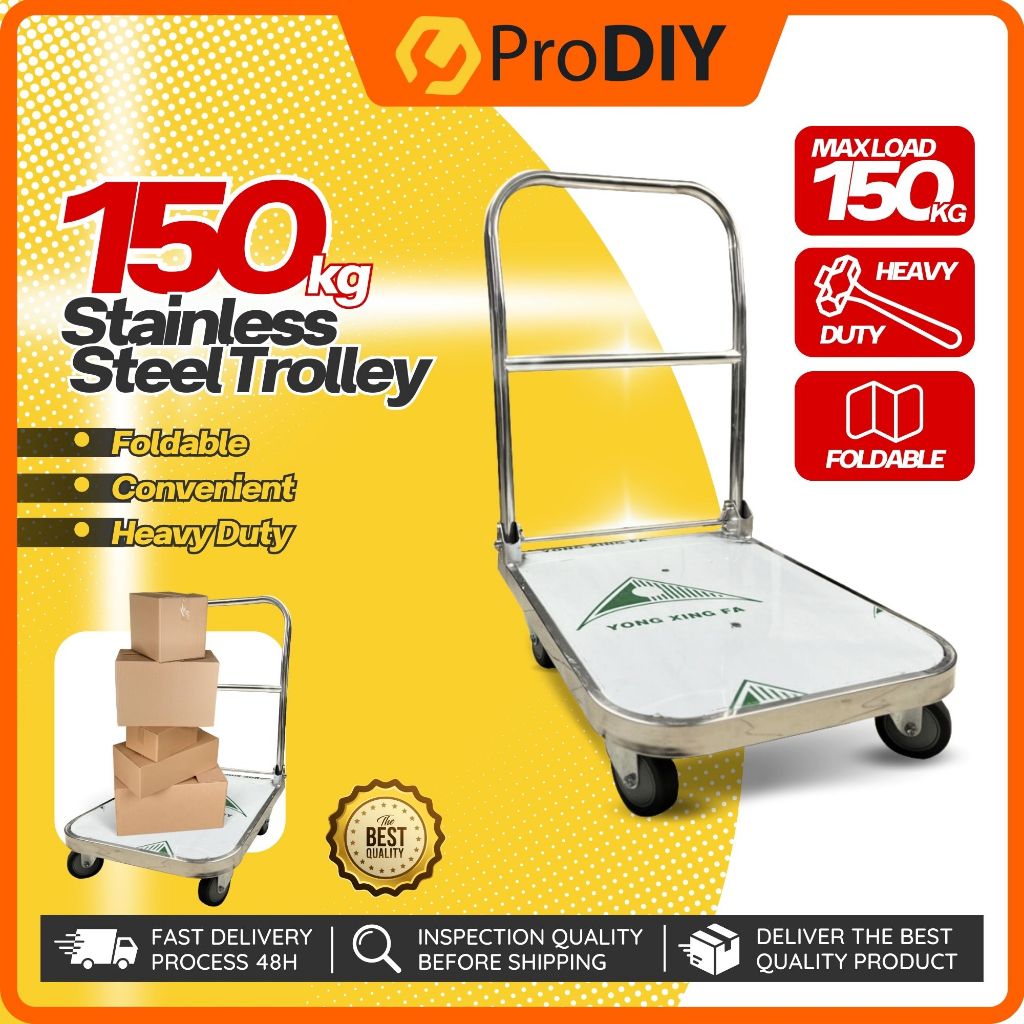 150kg Max Load Foldable Stainless Steel Hand Trolley Swivel Rigid Wheel ...