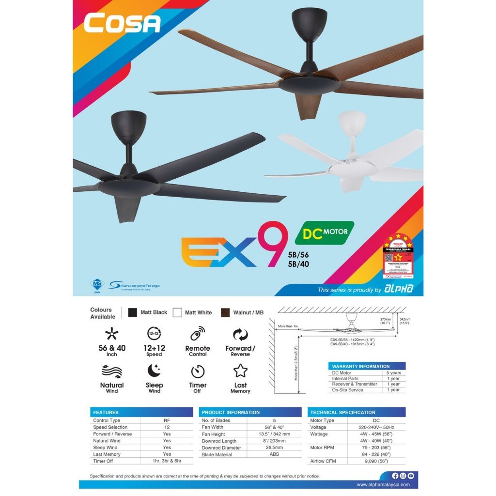 Alpha Cosa EX9 5B 56/40 DC Remote Control Ceiling Fan (2PCS/1BOX ...