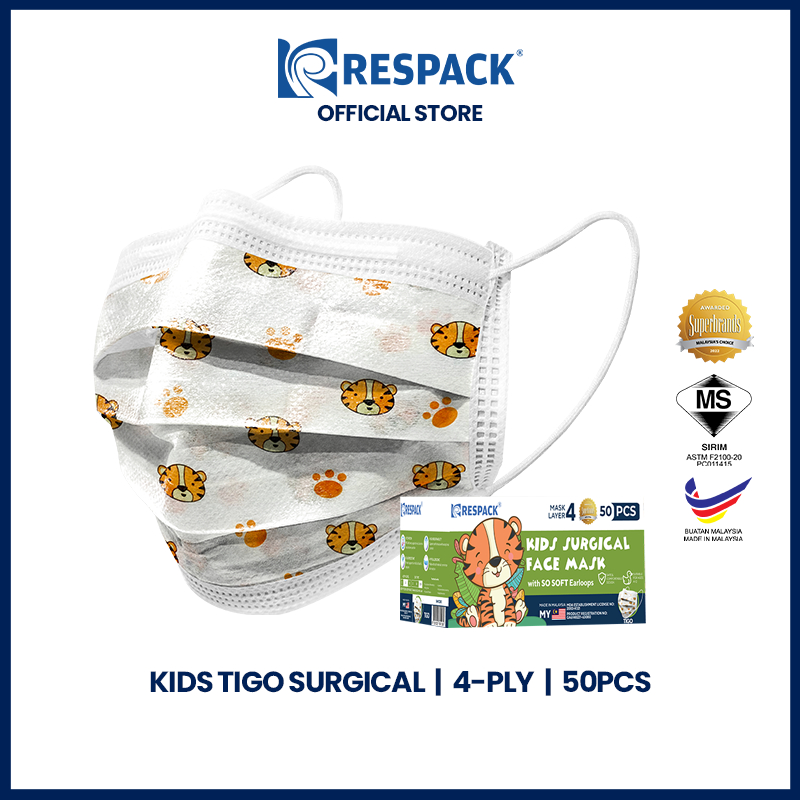 RESPACK Kids Disposable 4-Ply Surgical Mask (Tigo) | 50 pcs Earloop ...