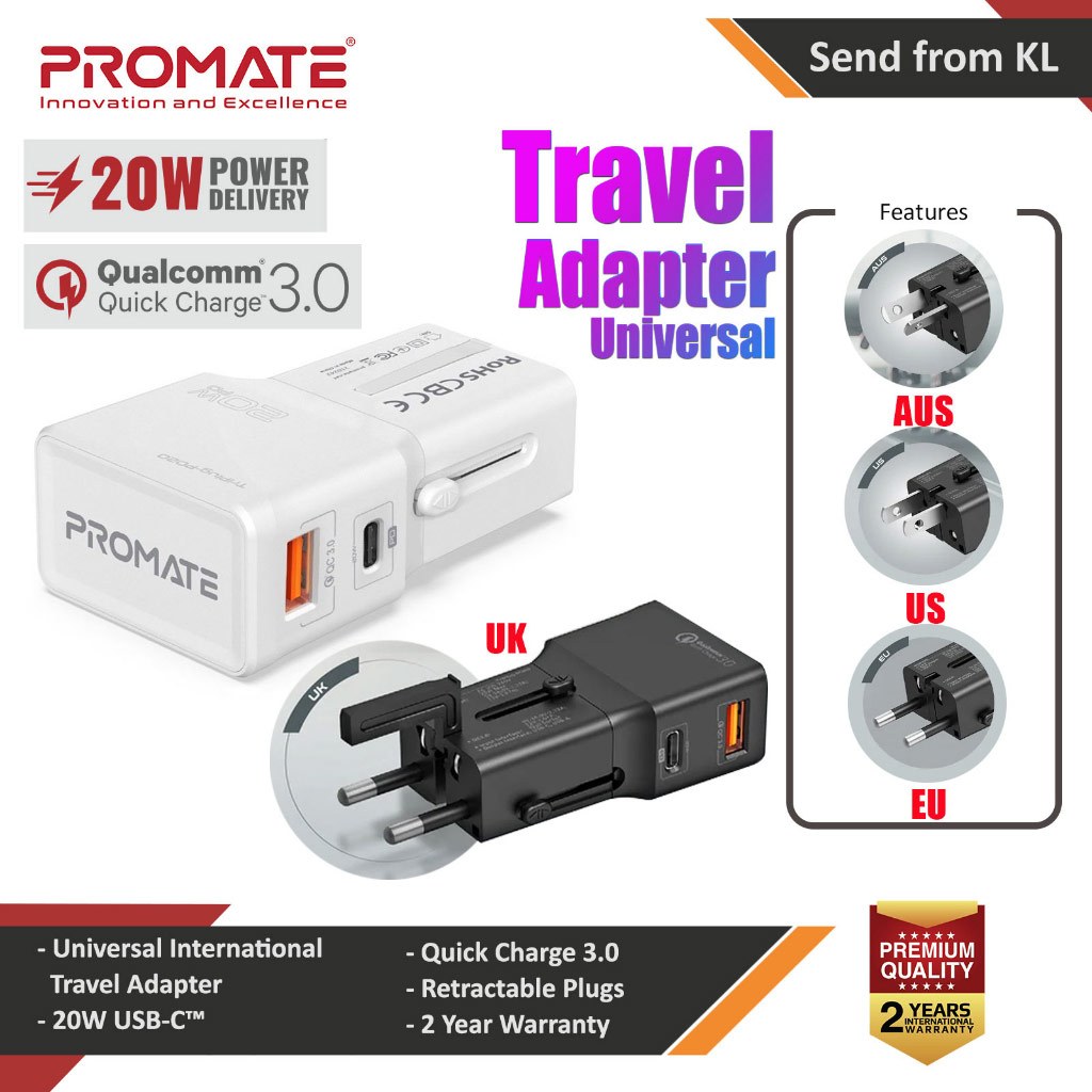 Promate Compact Lightweight Mini Universal Travel Adapter 20WPD Power Delivery Qualcomm QC3.0 ...