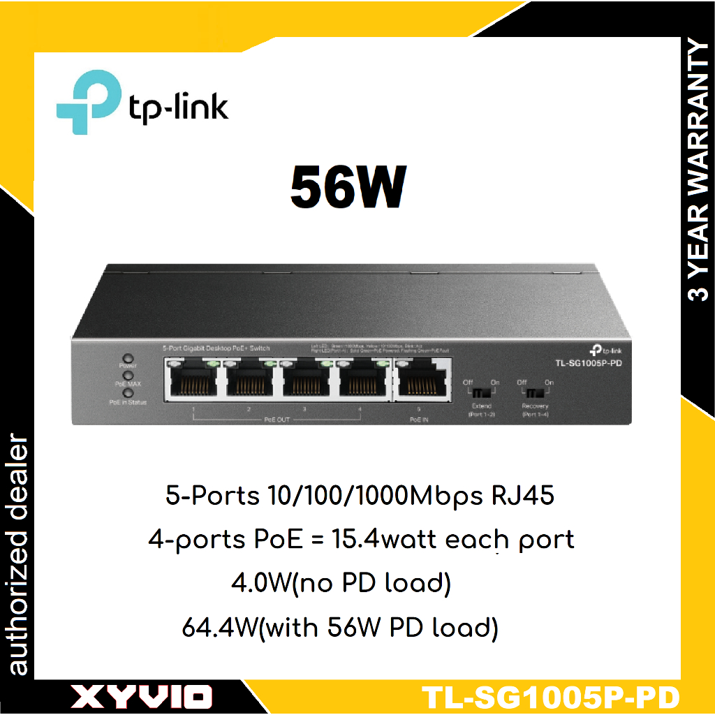 NEW LAUNCH!!! TP-LINK TL-SG1005P-PD 5-Port Gigabit Desktop PoE+ Switch with 1-Port PoE++ In and ...