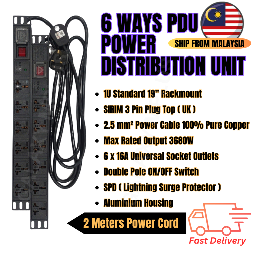 💥Ready Stock💥PDU 6 Way Universal Socket🔆2 Meters Power Distribution ...