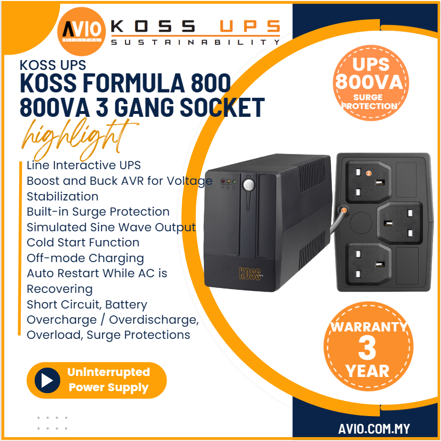 KOSS 800VA Line Interactive Uninterruptible Power Supply UPS Back Up Battery AVR FORMULA 800 ...