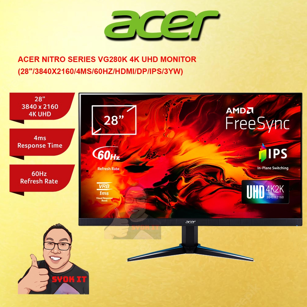 Acer Nitro VG280K 28" IPS 4K UHD 60HZ 4MS AMD Freesync / G-SYNC Compatible HDR 10 Gaming Monitor ...