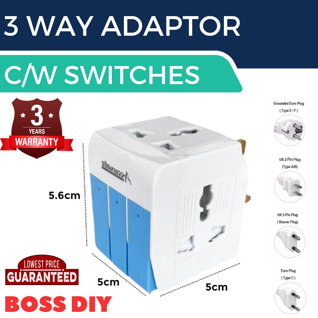 3 Way Universal Multi Adaptor Extension LED Neon Switch 13A Adapter ...