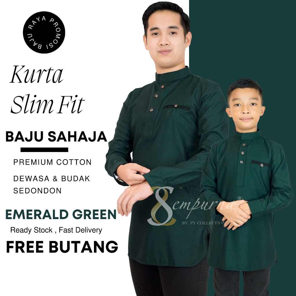 WARNA EMERALD GREEN KURTA SLIM FIT KAIN COTTON / BAJU KURTA RAYA DEWASA ...