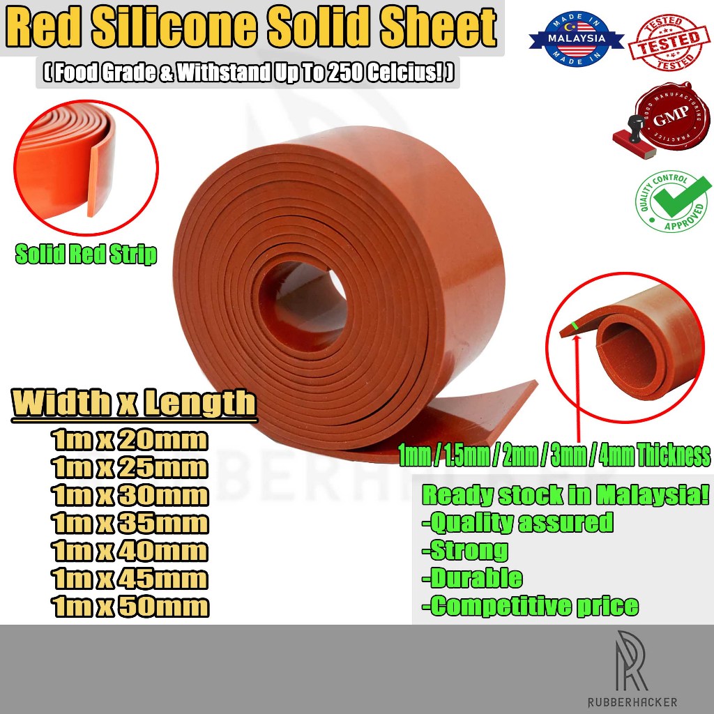 RED Silicone Rubber Solid Strips with 1mm to 4mm Thickness x 1m Width x ...