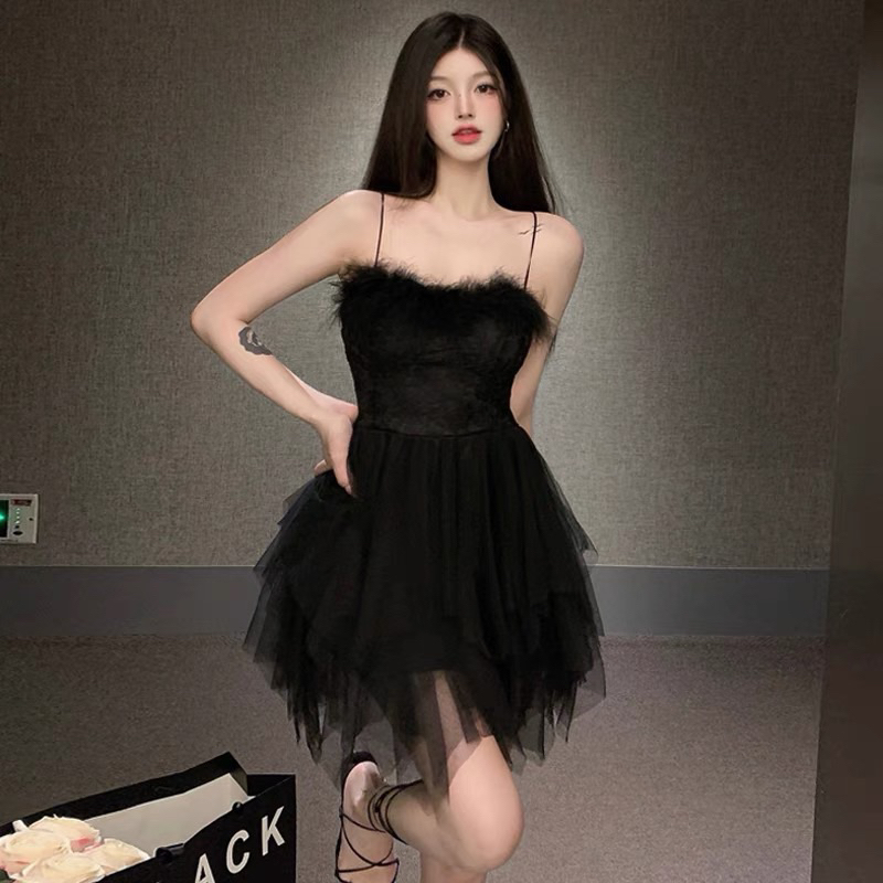 Irregular mesh suspender dress with furry collar, small sexy waist ...