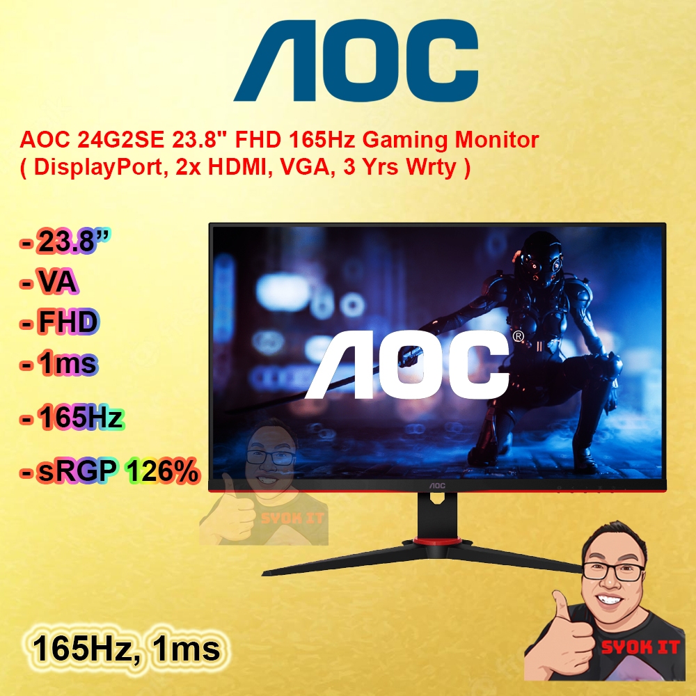 AOC 24G2SE 23.8" FHD 165Hz Adaptive Sync Gaming Monitor ( DisplayPort ...