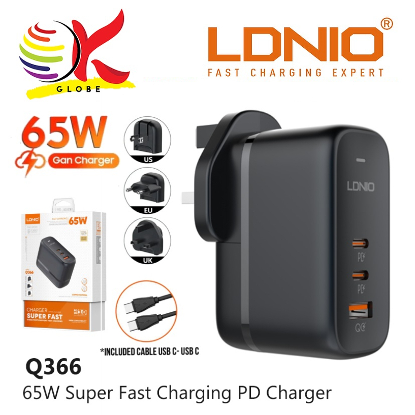 LDNIO Q366 65W SUPER FAST CHARGING CHARGER PD 65W + QC 3.0 SUPER FAST UNIVERL NOTEBOOK CHARGER ...