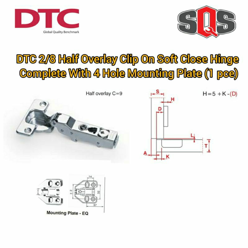 DTC 2/8 Half Overlay Clip-On Soft Close Hinge Comple with 4 hole ...