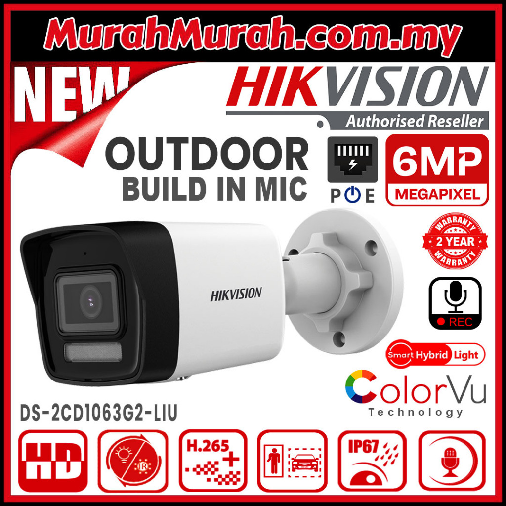 HIK HIKVISION DS-2CD1063G2-LIU 6.0MP POE + COLORVU + MIC / AUDIO Smart Hybrid Light 6MP 2048P IP ...