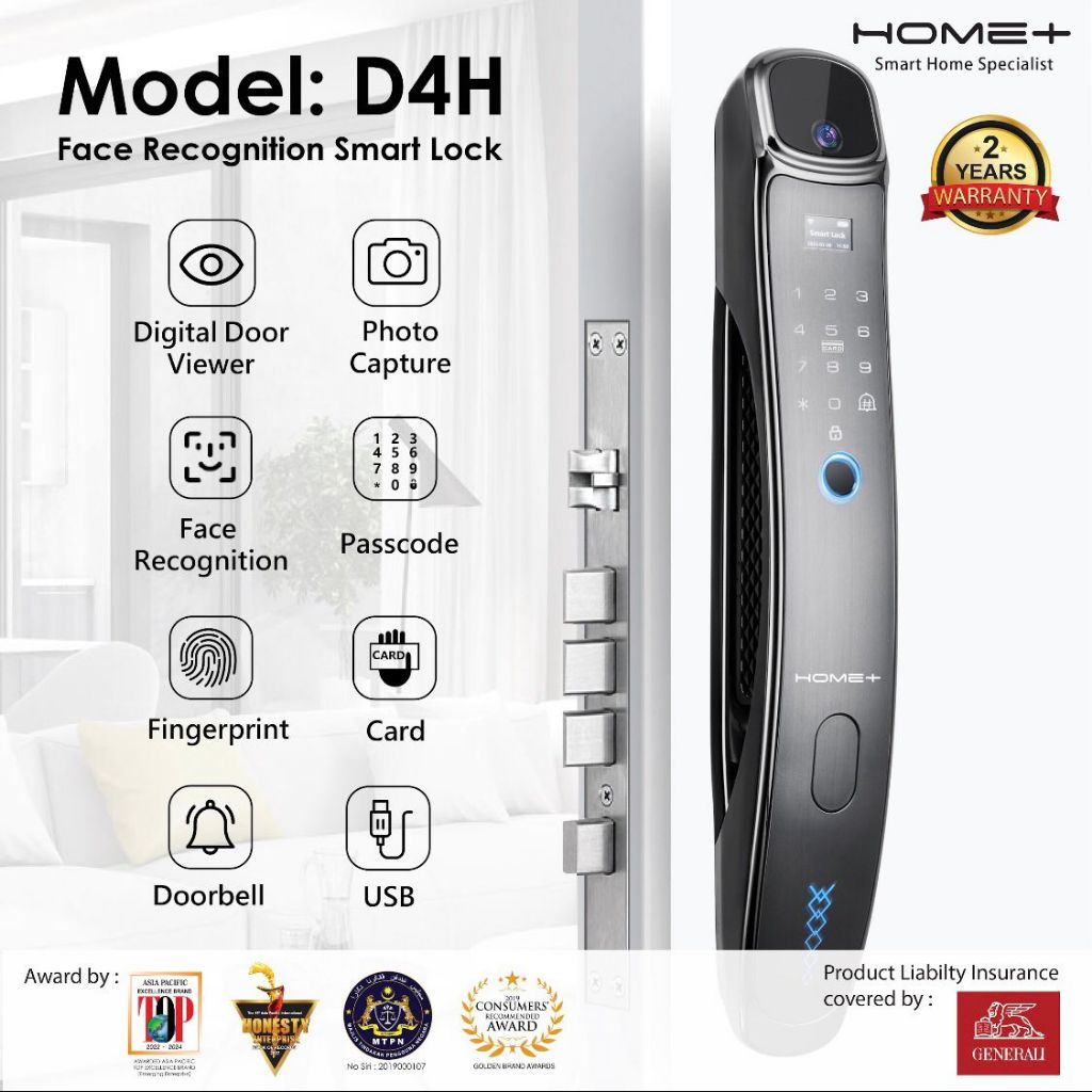 Home+ D4H Face Recognition WiFi Smart Lock l 7 Methods to Unlock l ...