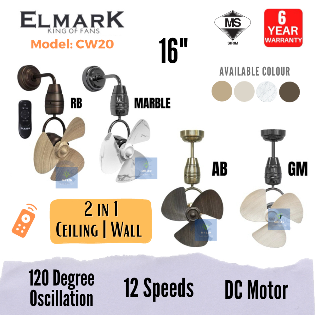 Elmark Ceiling / Wall Fan 16 Inches 3 ABS Blades DC Motor 12 Speed CW20 ...