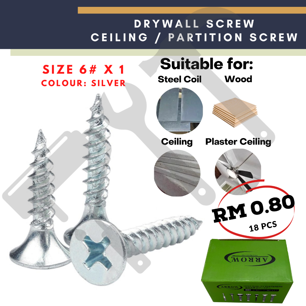 [80sen Loose] Silver 6# x 1" Drywall Screw | Partition Screw | Ceiling ...