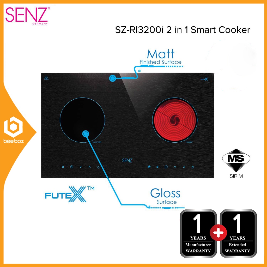 Senz 2 in 1 Smart Induction & Ceramic Cooker Hob Dual Heating Zone ...