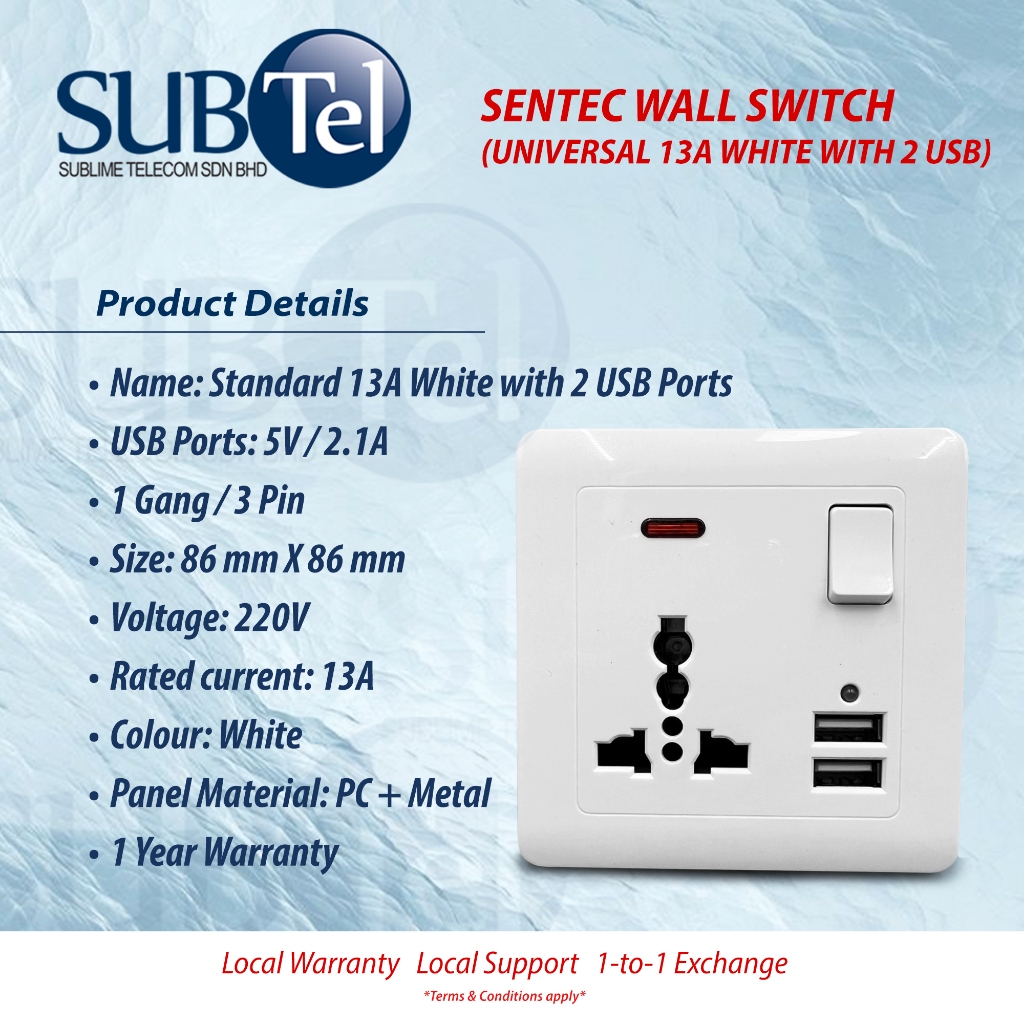 13A Wall Switch Socket Standard/Universal with USB ports White/Grey 1 ...