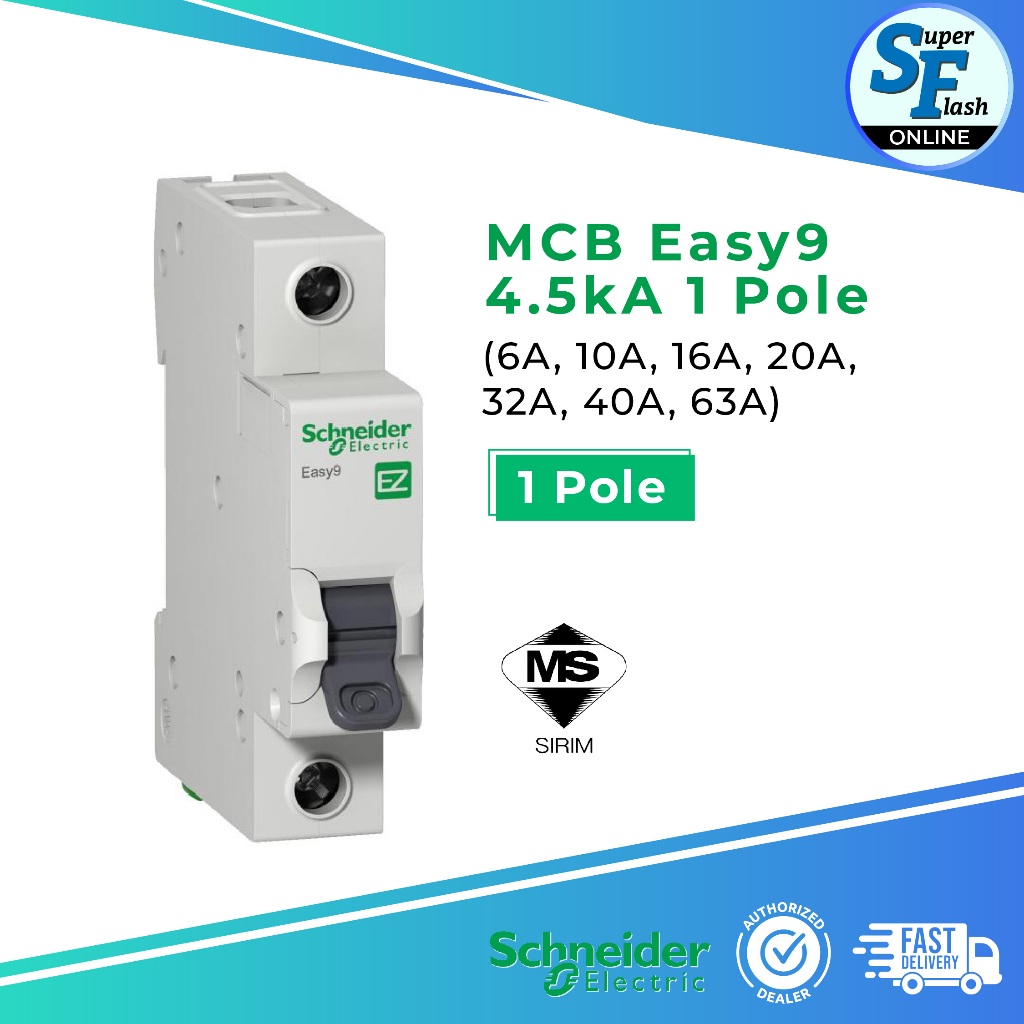Schneider MCB 1 Pole / 2 Pole 4.5KA Easy9 | Miniature Circuit Breaker (6A/10A/16A/20A/32A/40A ...